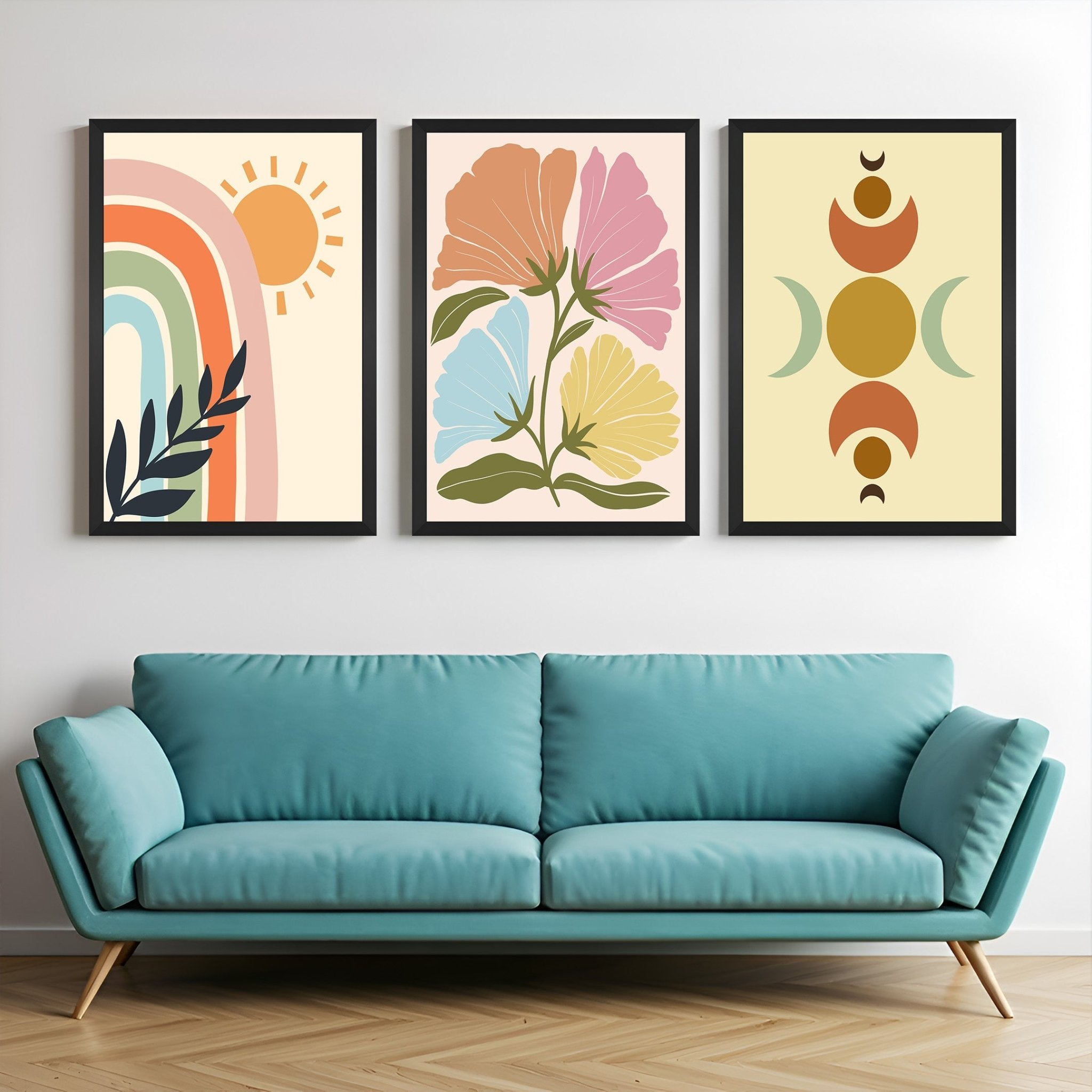 Boho Rainbow, Floral & Cosmic Wall Art – Set of 3 Prints – CIPHER SPACES