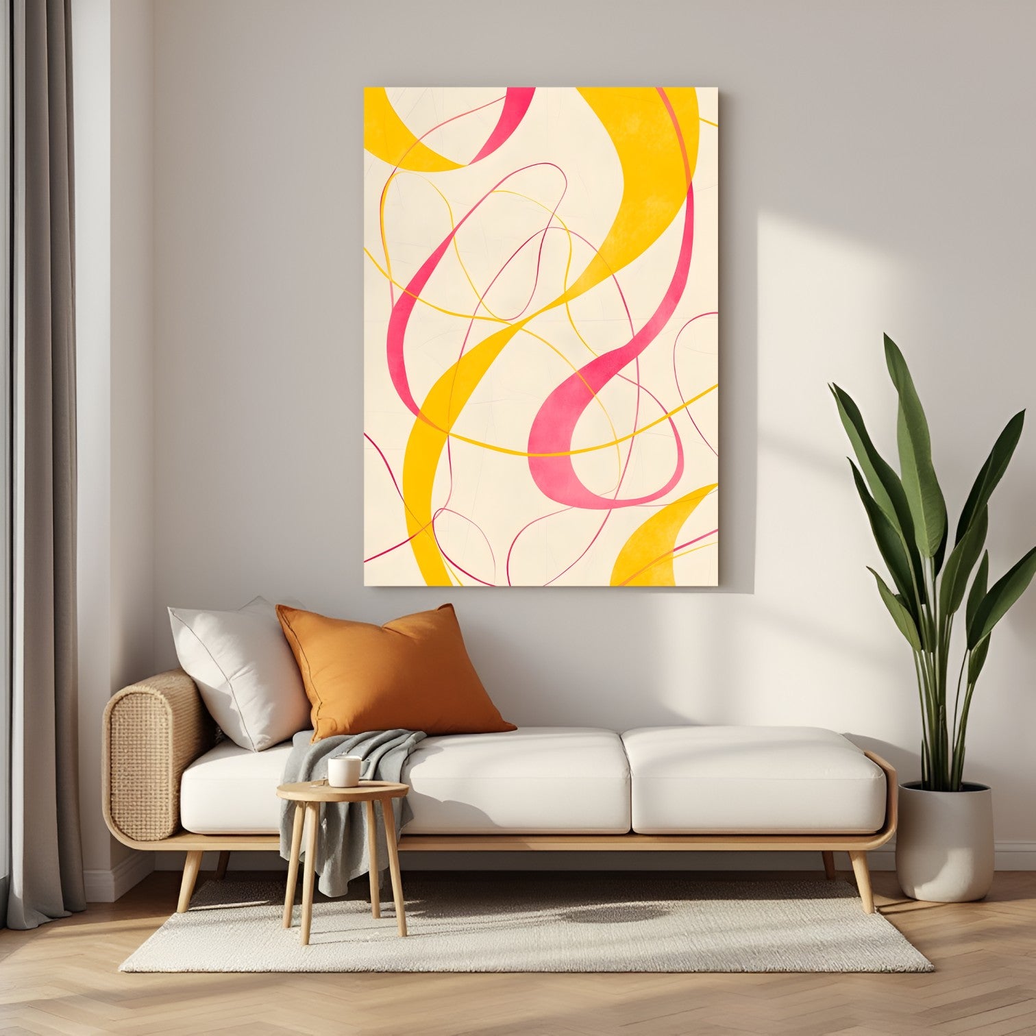 Curvy Lines Abstract Wall Art – Pink & Yellow Canvas for Decor – CIPHER ...