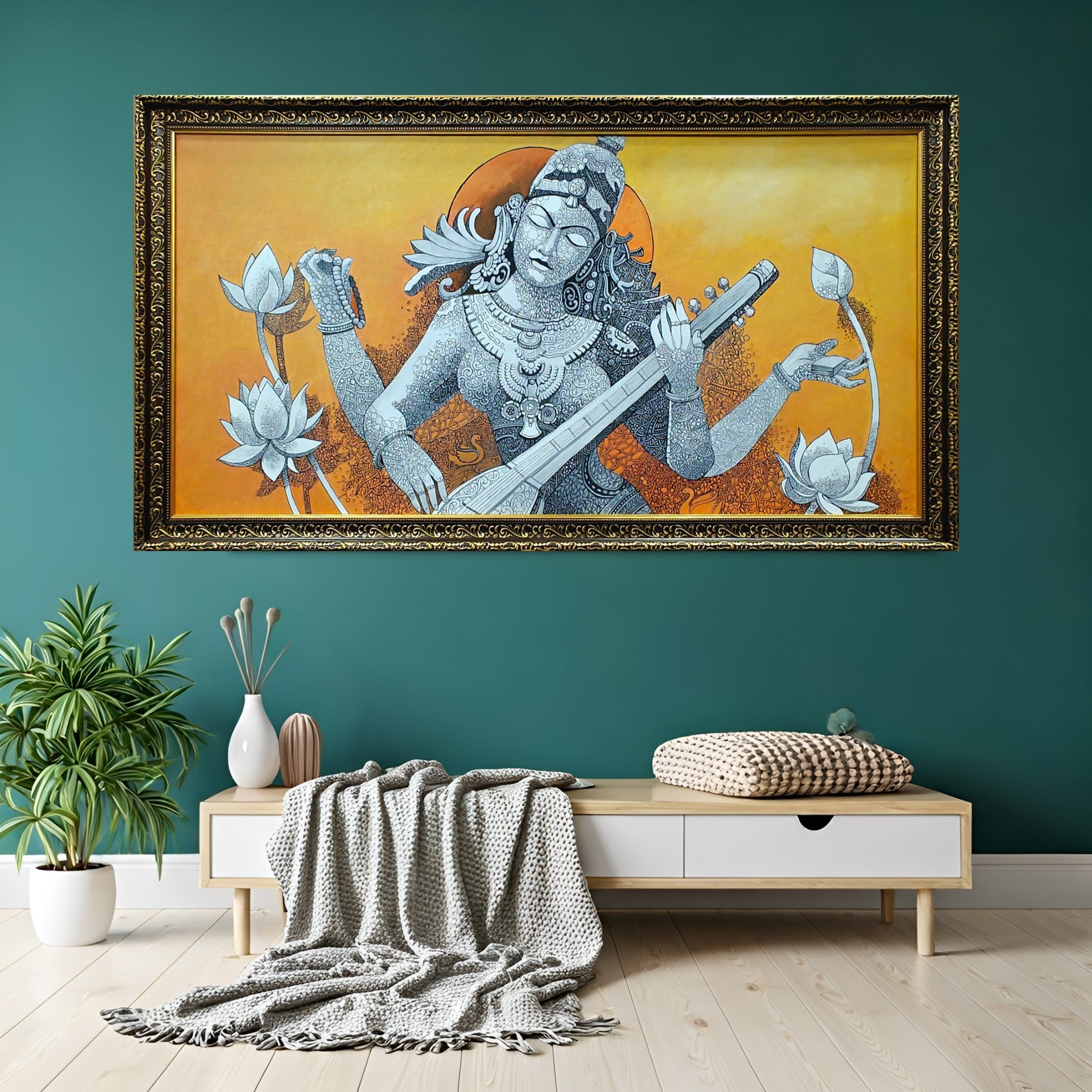 Hand Painted Saraswati Artwork – Original Divine Wall Art – CIPHER SPACES