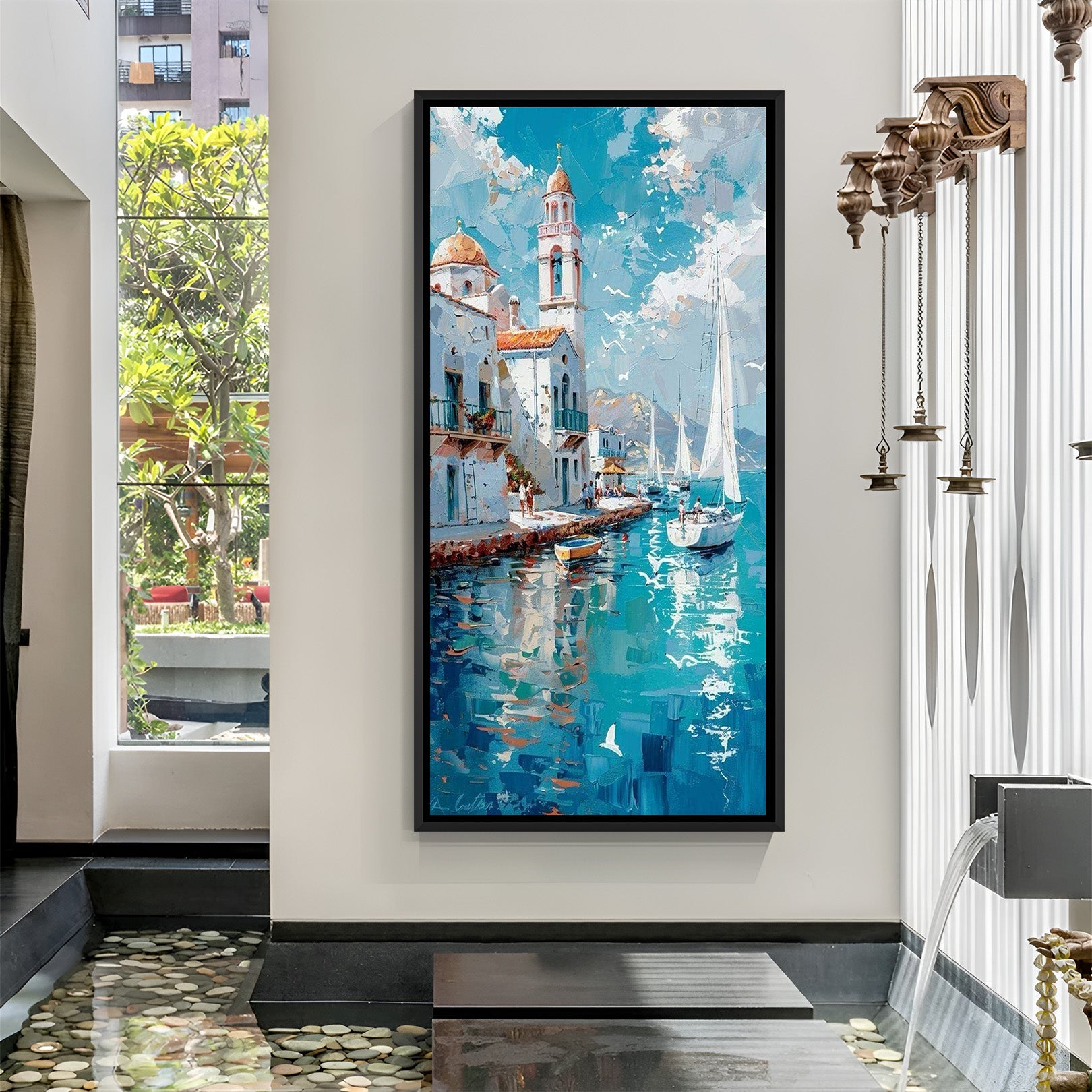 Sea View Hand Painting | Coastal Boats Canvas Wall Art – CIPHER SPACES